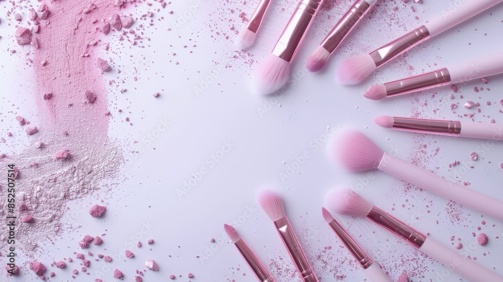 Pastel pink makeup brushes in a circular frame on a white background ...