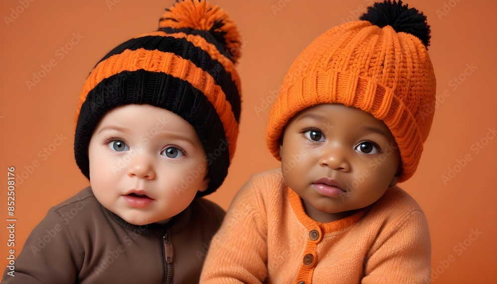 Multiethnic babies dressed in diverse colours on an isolated orange ...