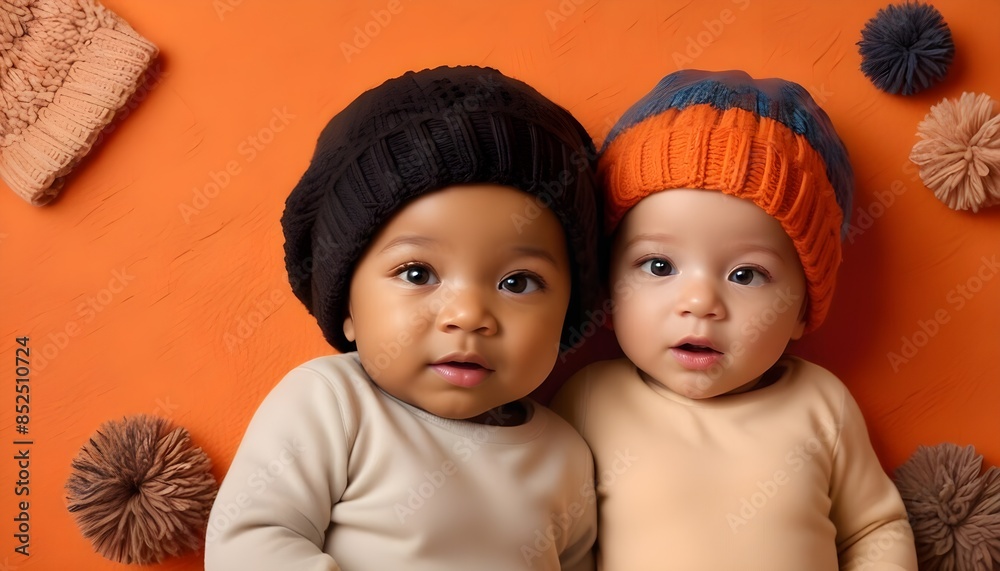 Multiethnic babies dressed in diverse colours on an isolated orange ...