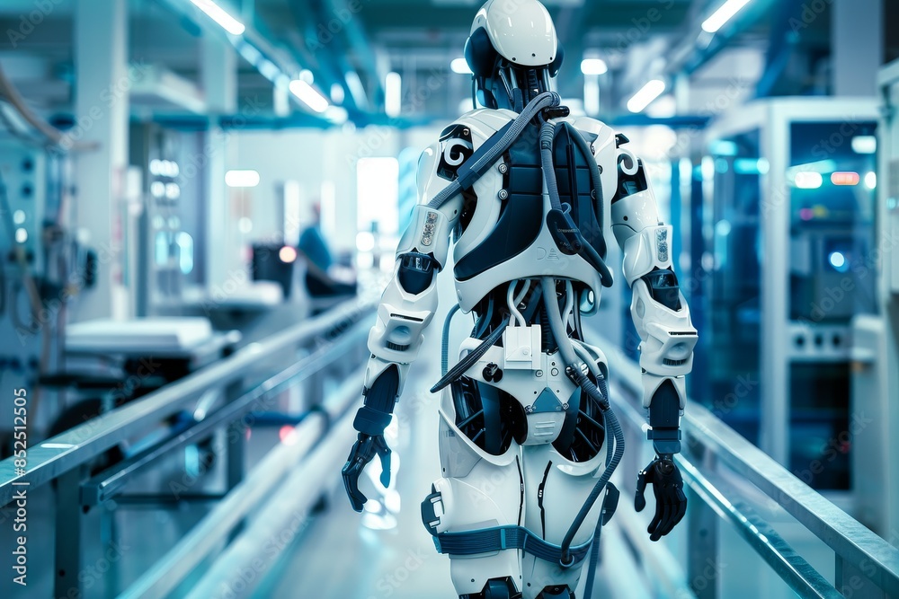 An image of a biomechanical exoskeleton in a futuristic environment ...