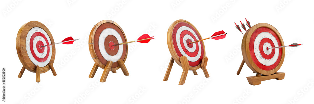 Evolution of Archery Skills: Four Wooden Targets with Arrows Hitting Bullseye in Sequence Stock ...