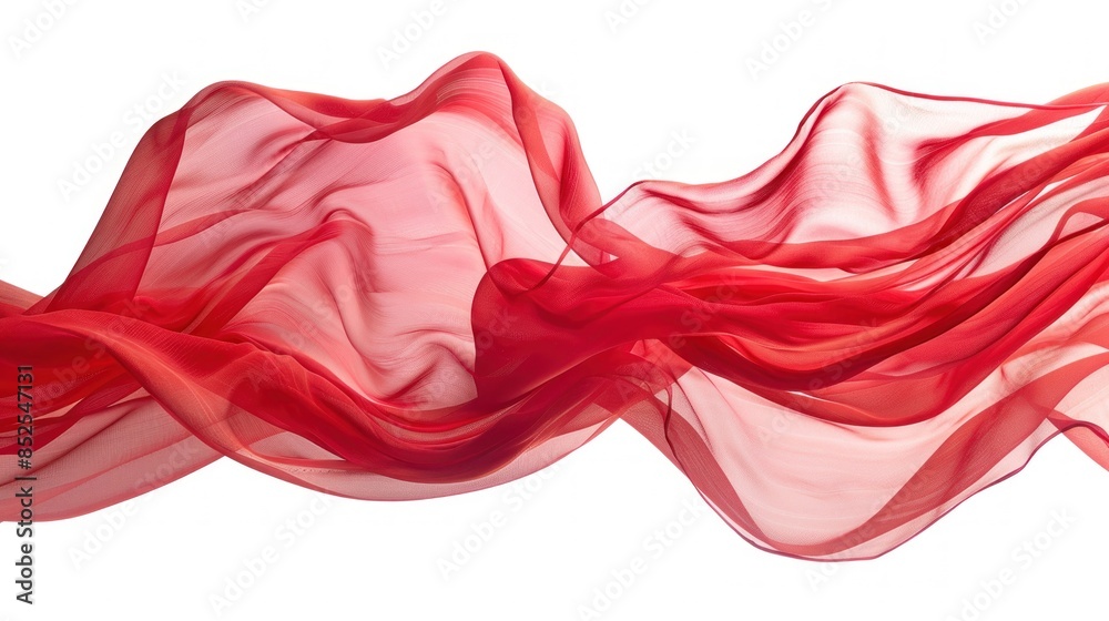 flowing red fabric cloth isolated on white background, elegant silk or ...