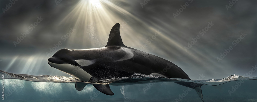 killer whale or Orcinus orca swimming underwater under sea life with ...