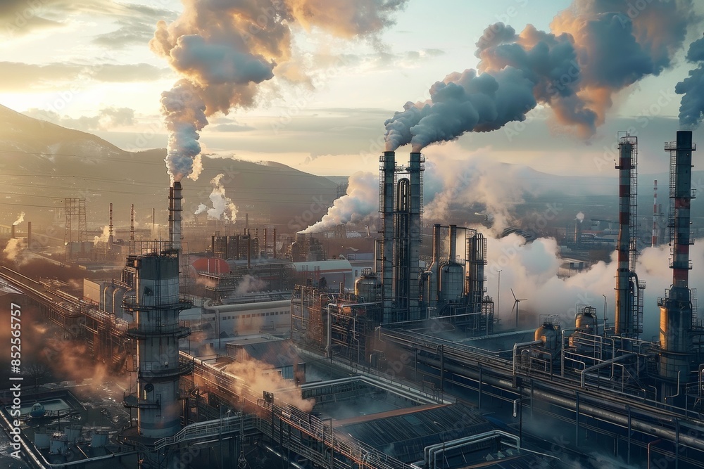Chemical processing plant emitting gases and fumes, illustrating the ...