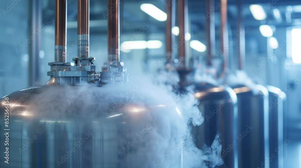 Vial with dry ice for cryopreservation. Cryosample of stem cells in ...