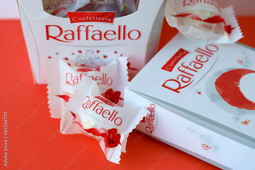 KYIV, UKRAINE - APRIL 20, 2024 Ferrero Raffaello premium sweets ...