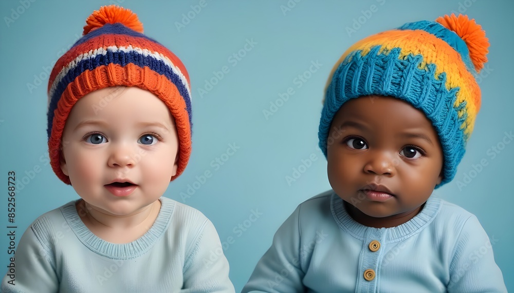Multiethnic babies dressed in diverse colours on an isolated blue ...