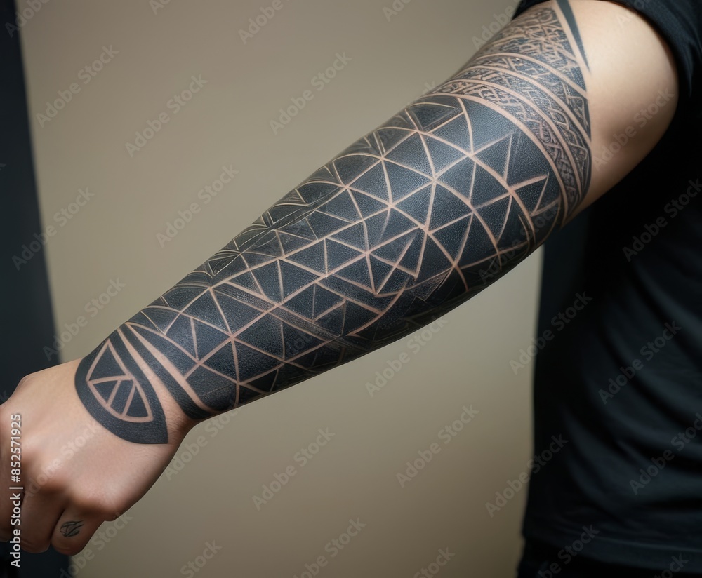 Detailed tribal geometric tattoo sleeve covering a forearm, featuring ...