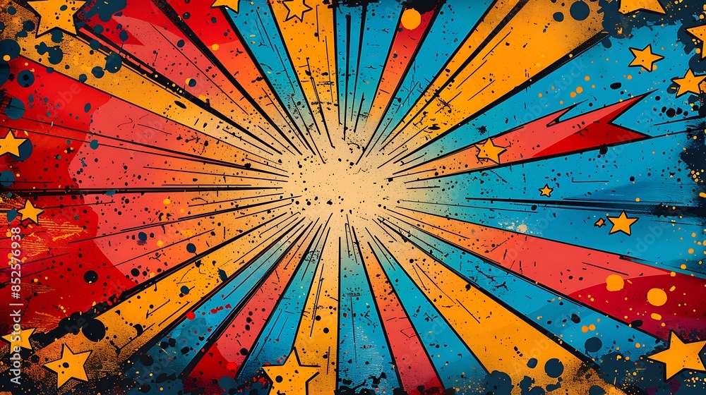 A playful design featuring retro comic book style stars with bright ...