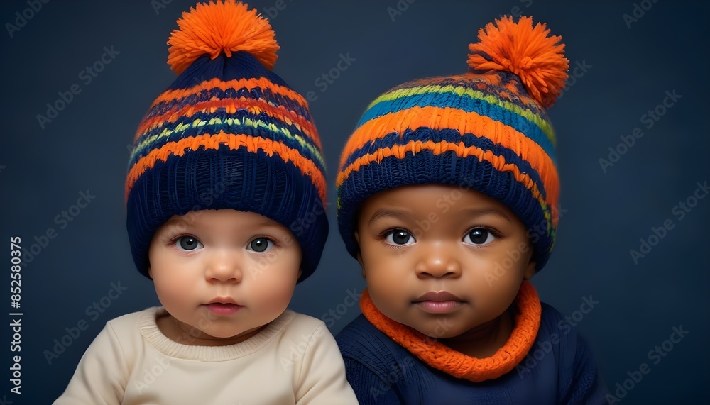 Multiethnic babies dressed in diverse colours on an isolated dark blue ...