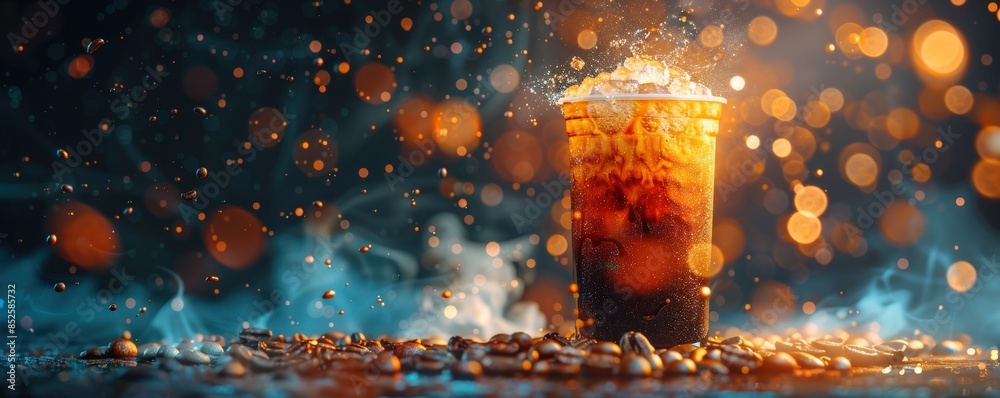 Iced coffee cup with steam and bokeh lights in background, showcasing ...