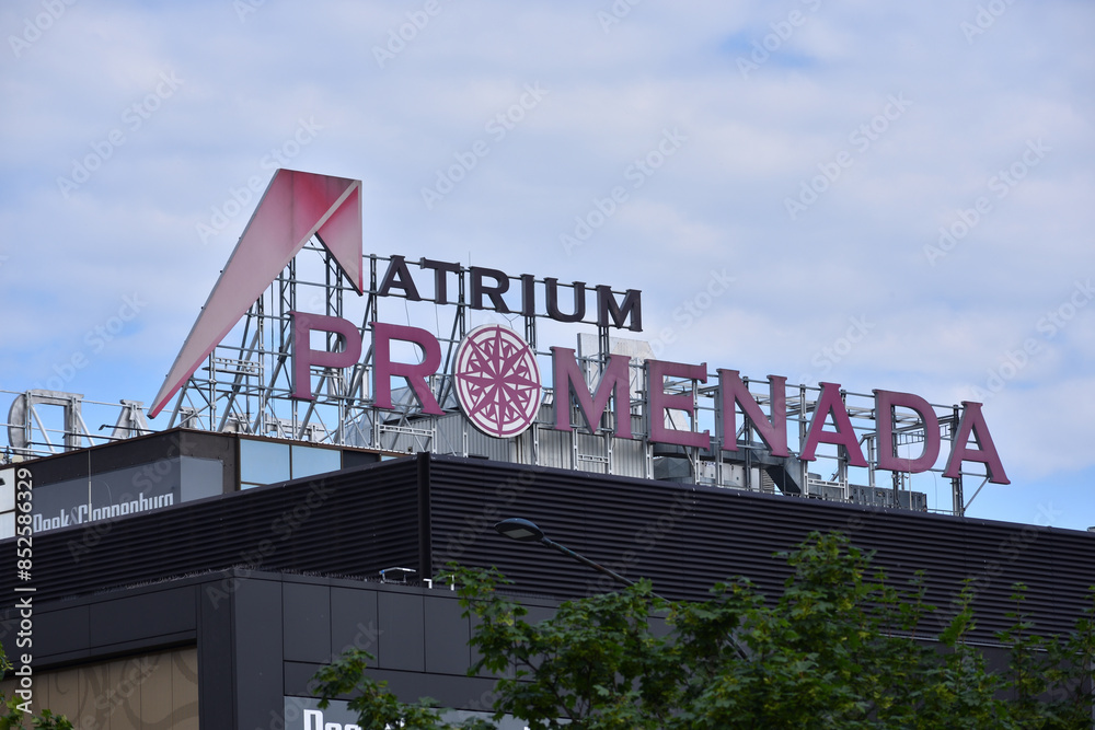Atrium Promenada shopping mall roof with signage, logo, emblem. WARSAW ...
