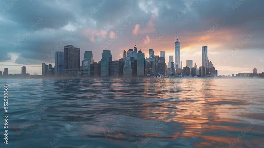 A city skyline partially submerged in water during a coastal flood ...