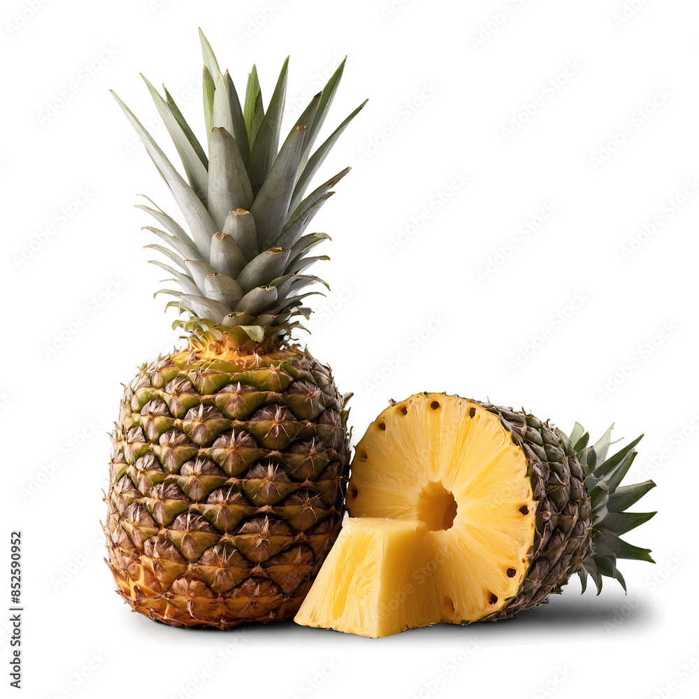 Fresh pineapple with one section sliced showing inside texture on ...