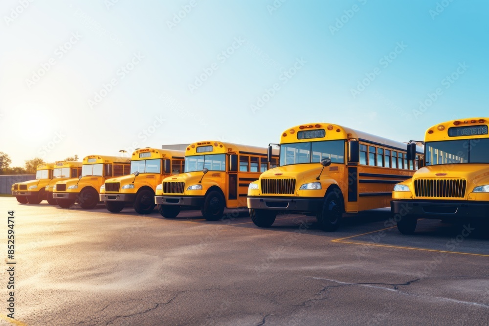 Yellow school bus fleet on parking. Yellow school buses in row. School ...
