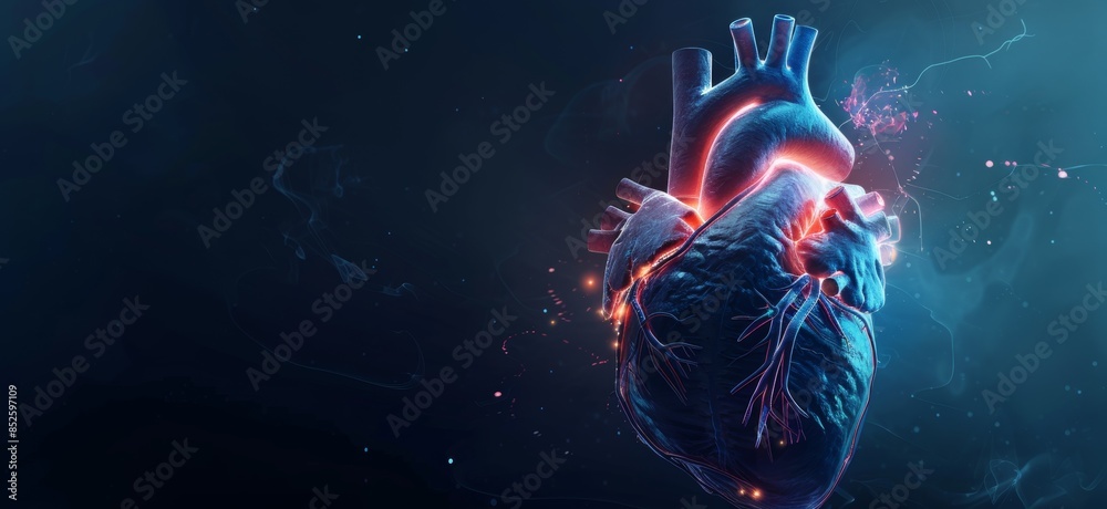Visualization of a human heart with illuminated blood vessels and ...