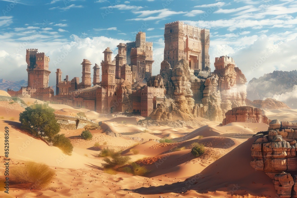 Majestic Desert Castle Amidst Sand Dunes in a Mythical Landscape ...