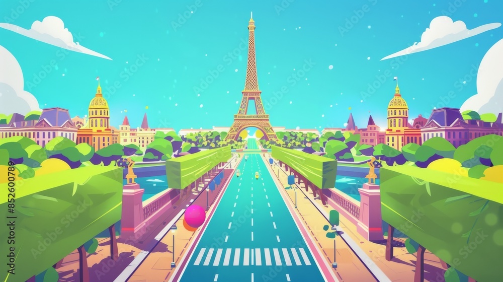 Colorful cartoon illustration of Paris with the Eiffel Tower, blue sky ...