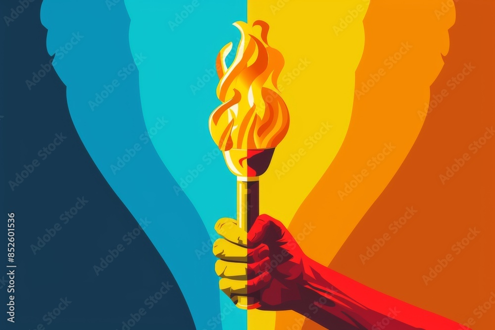 Stylized illustration of a hand holding a Olympic torch with ...