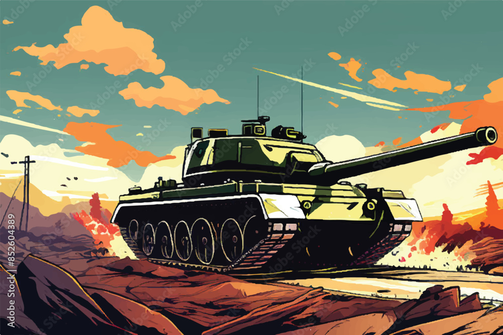 Illustration of a Army tank on battlefield. A Battlefield Landscape ...