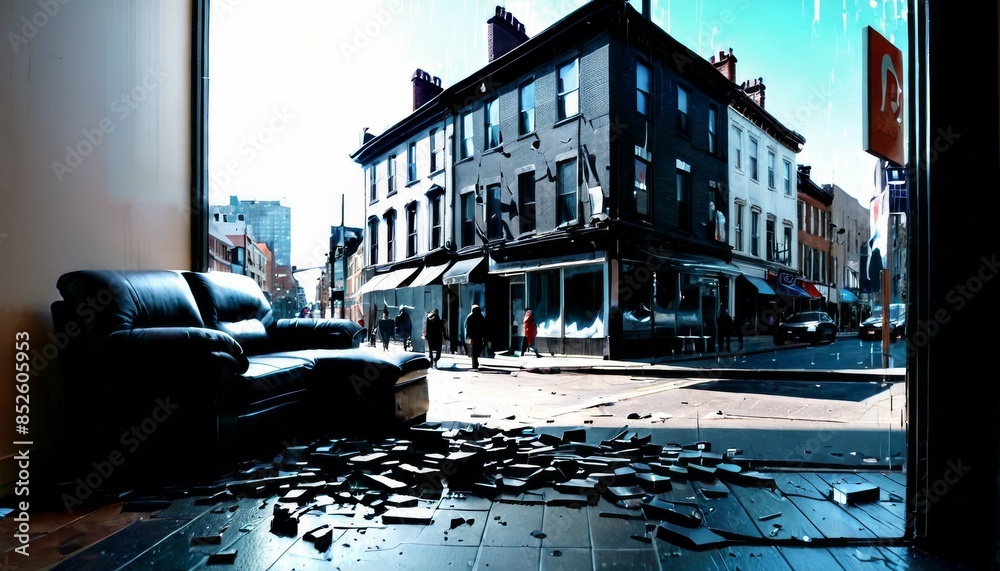 Shattered glass lies on the floor inside a modern building, framing a ...