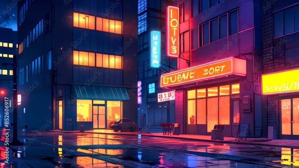 Lo-fi style night city building street, neon cyber punk Anime style ...