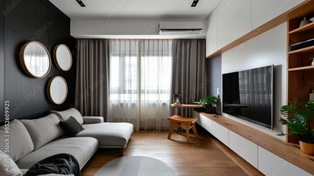 Contemporary 23m2 living room design, viewing angle showing the window ...