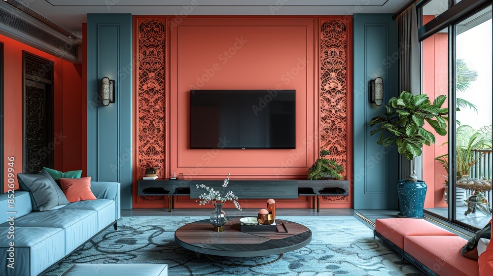 modern perisian foyer balcony screen on the wall with a large vertical ...