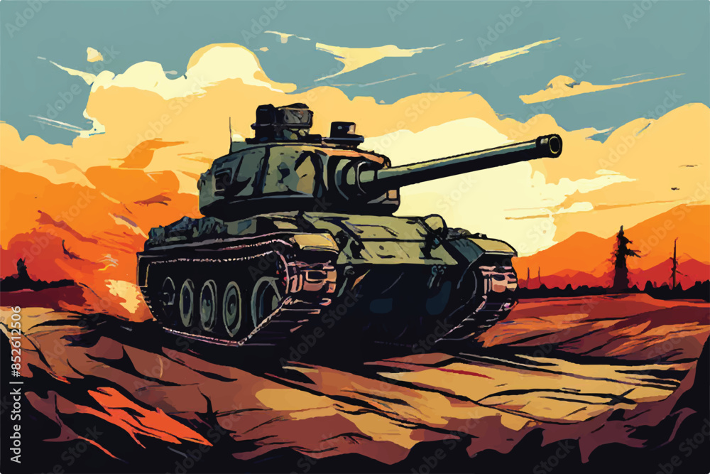 Illustration of a Army tank on battlefield. A Battlefield Landscape ...