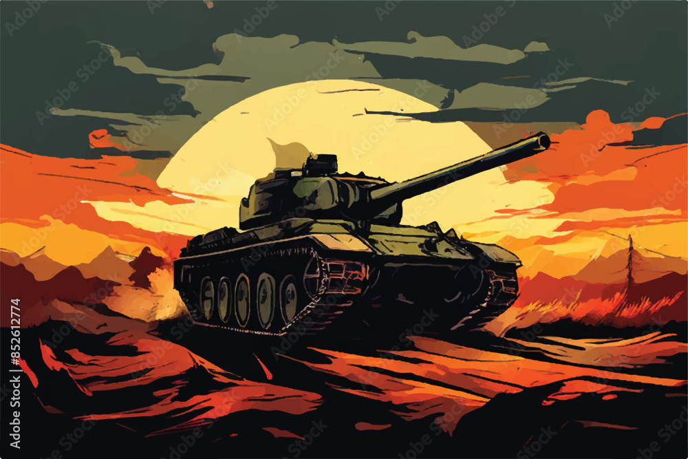 Illustration of a Army tank on battlefield. A Battlefield Landscape ...