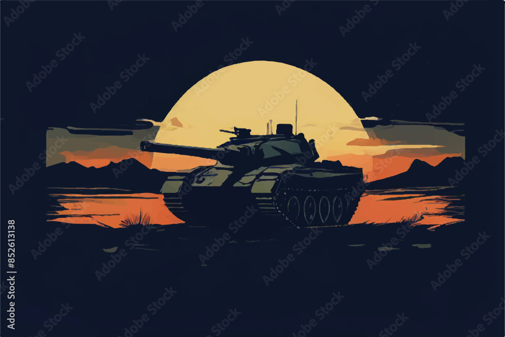 Illustration of a Army tank on battlefield. A Battlefield Landscape ...