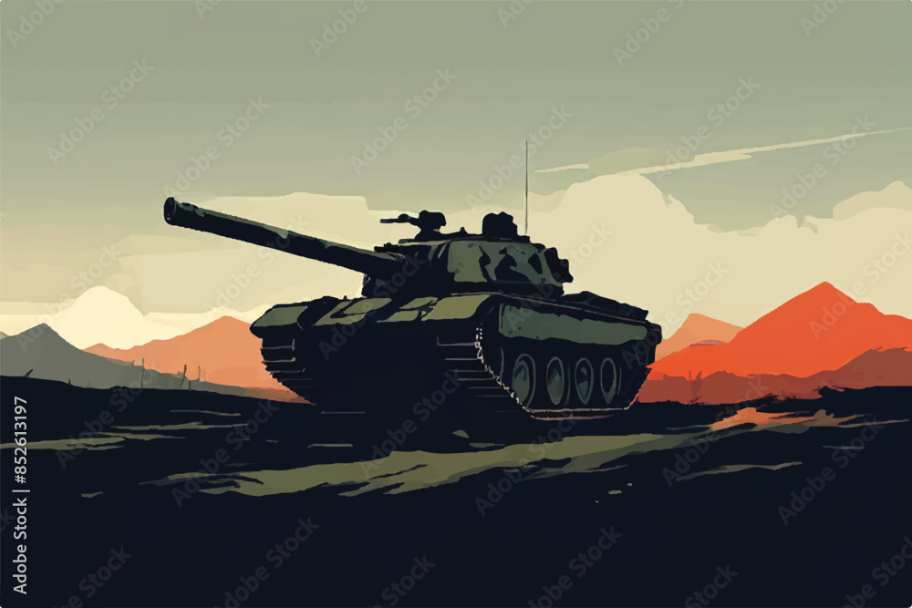 Illustration of a Army tank on battlefield. A Battlefield Landscape ...