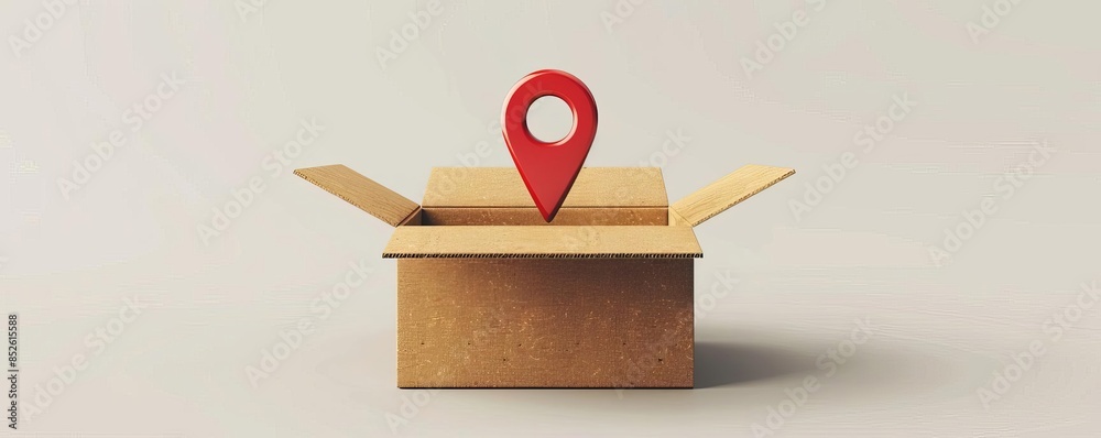 3D cartoon open cardboard box with location pin icon on white ...