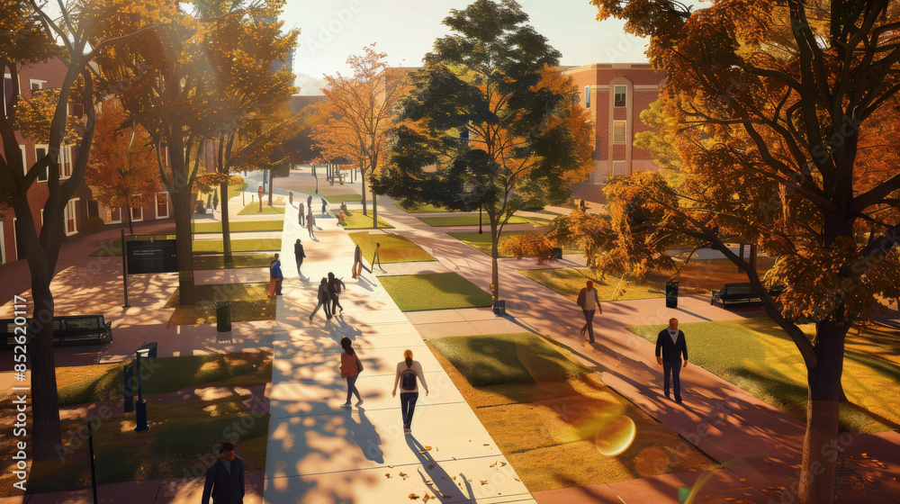 A vibrant autumn scene on a university campus with students leisurely ...