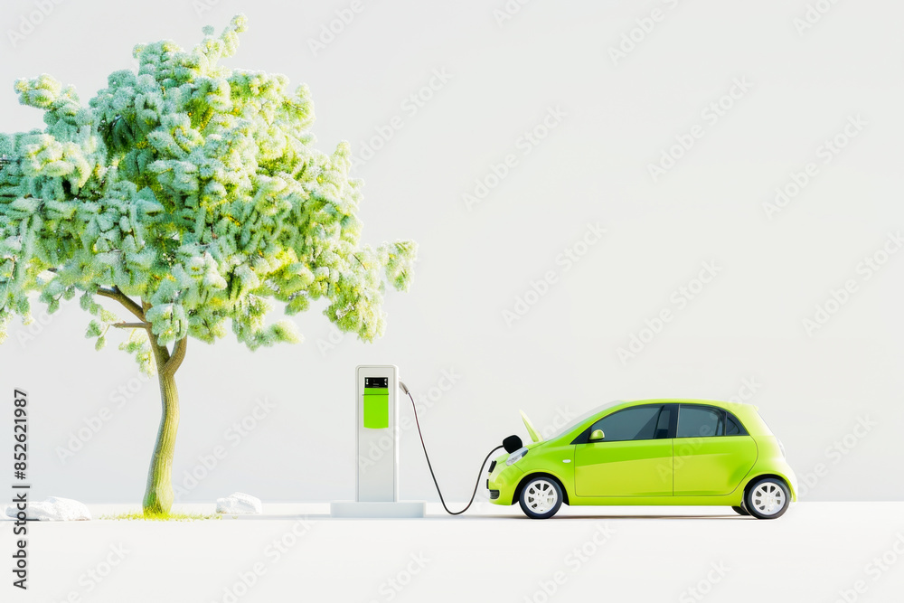 Charging station for electric vehicle next to a tree. A green car is ...