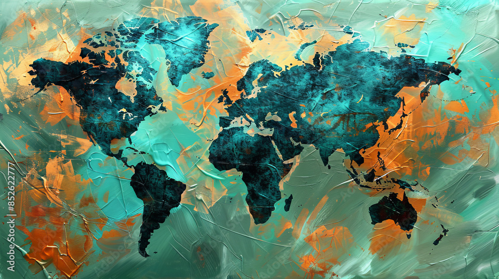 Stylized world map with an interplay of rich turquoise and warm orange ...