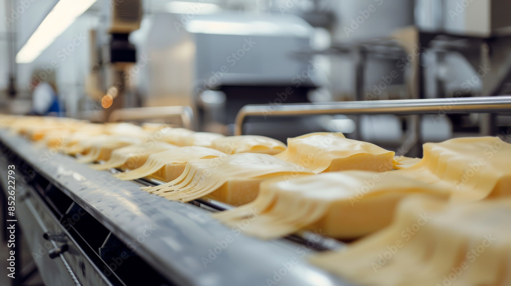 Perfectly sliced cheese squares neatly aligned on a rapidly moving ...