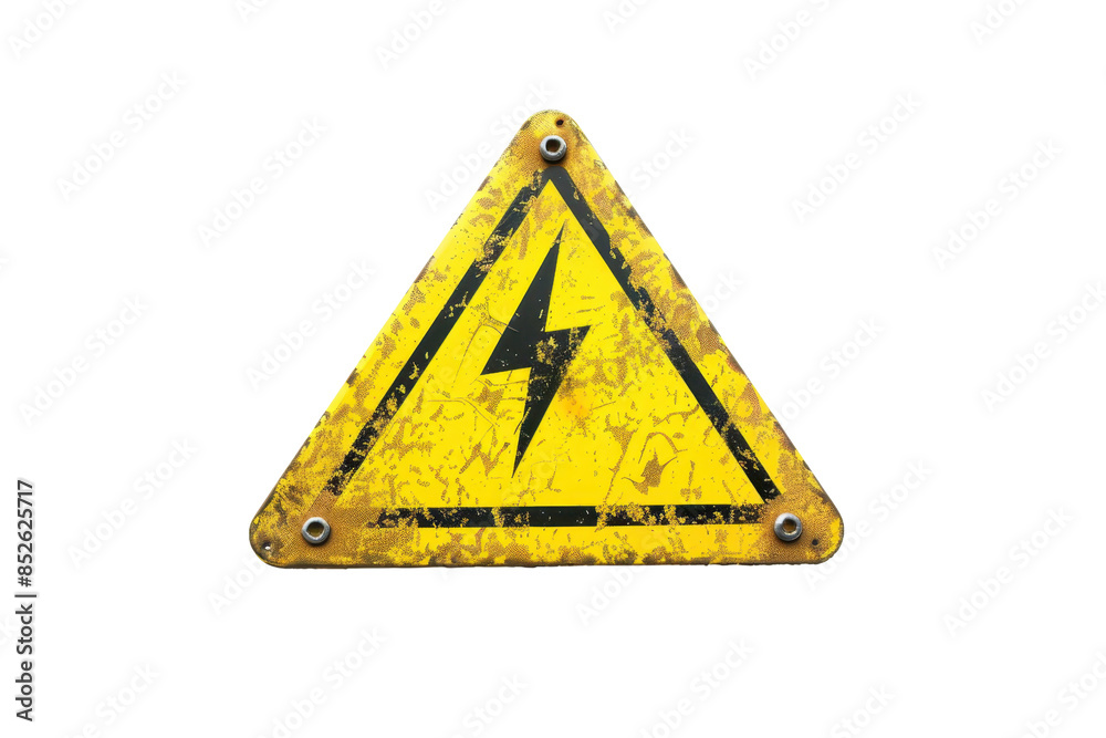 Old worn yellow warning sign with a black lightning bolt indicating ...