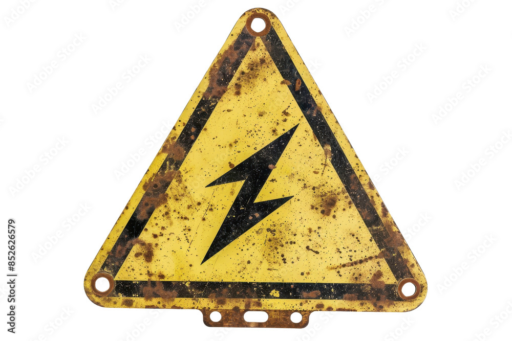 Rusty yellow caution sign featuring a black lightning bolt symbol ...