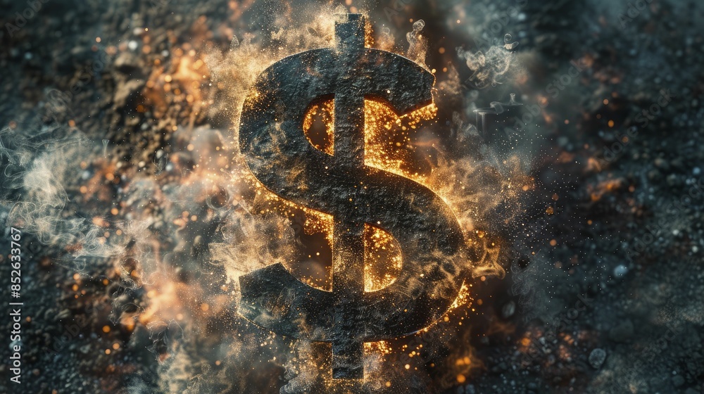 Financial fragility visualized by a dollar sign dissolving into dust ...