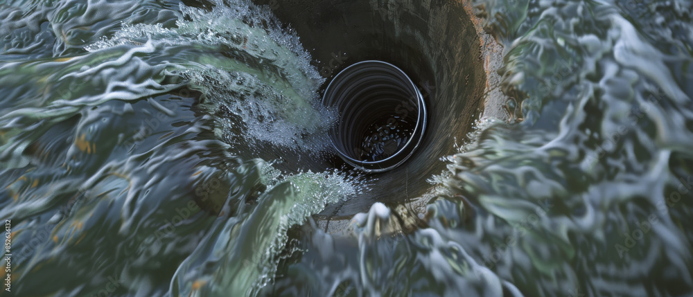 Water cascading into a large, round drain, forming a powerful vortex ...