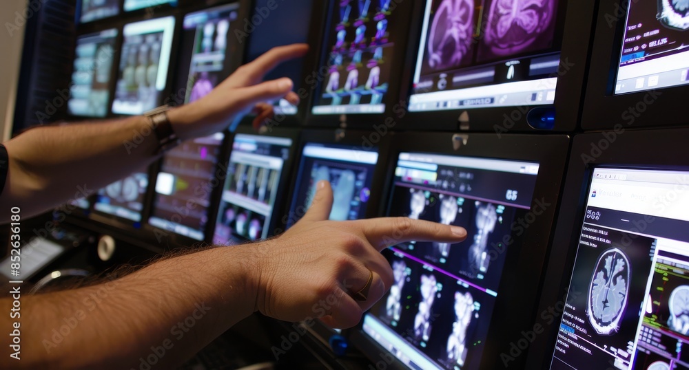 Closeup of hands pointing at an advanced computer screen displaying ...