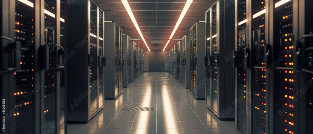 High-tech server room with rows of illuminated servers and a polished ...
