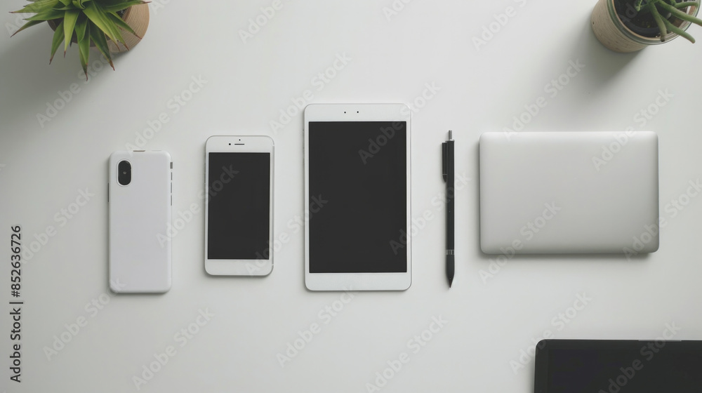 a minimalistic photography of a mobile phone, a smart tablet and a ...