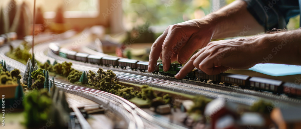 Hands meticulously arrange miniature trains on an intricate model train ...