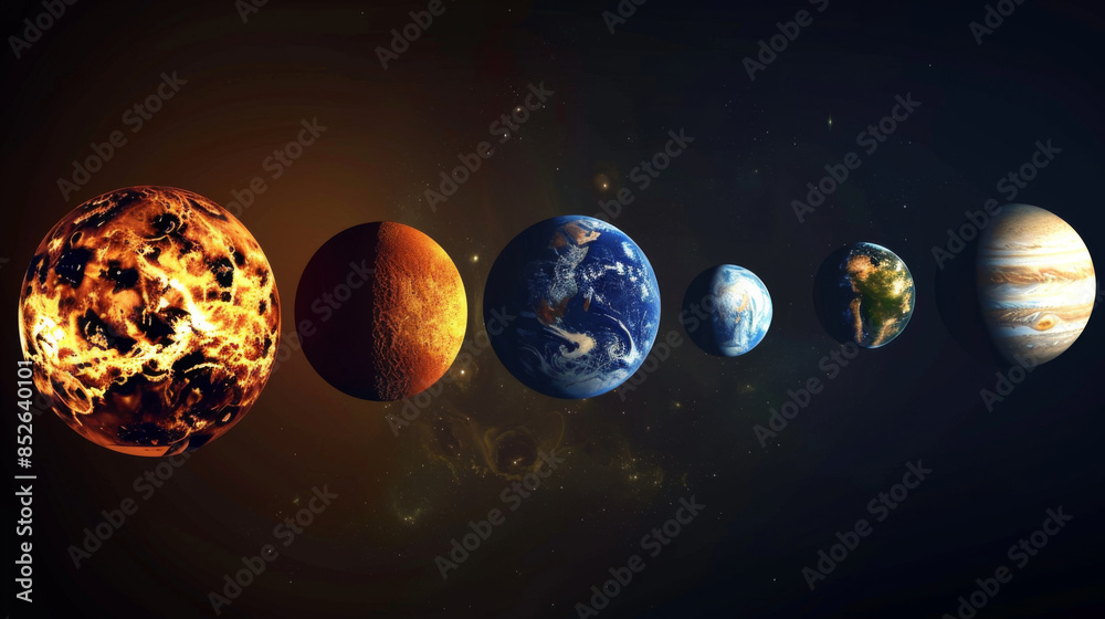 Visualization of the solar system planets in a straight line showcasing ...