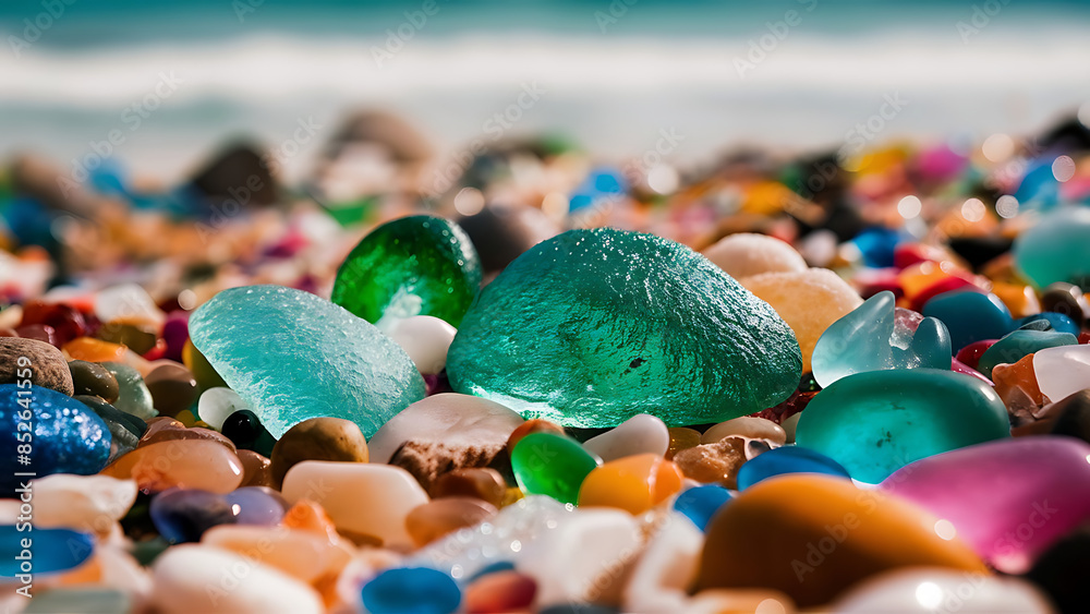 Colorful gemstones on a beach. Polish textured sea glass and stones on ...