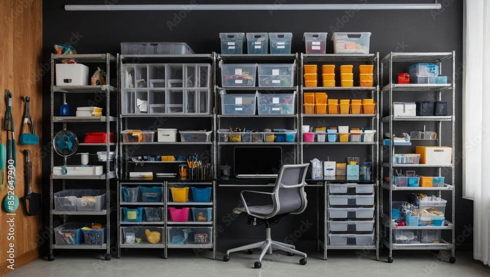 showcasing organized storage solutions. Include elements like modular ...