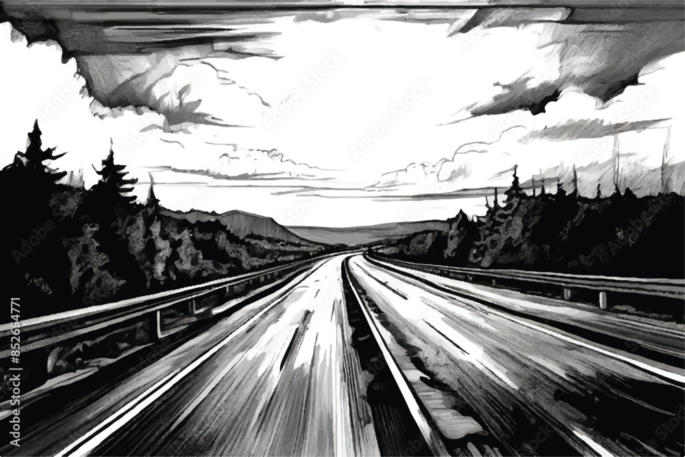 Black and white Highway Sketch Illustration Background. Road hand drawn ...