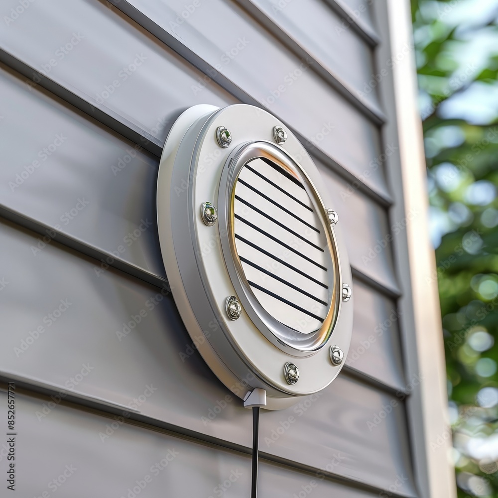 Vinyl siding of suburban house with circular light mount junction box ...